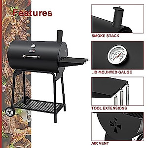 Royal Gourmet CC1830 30 Barrel Charcoal Grill with Side Table, 627 Square Inches, Outdoor Backyard, Patio and Parties, Black