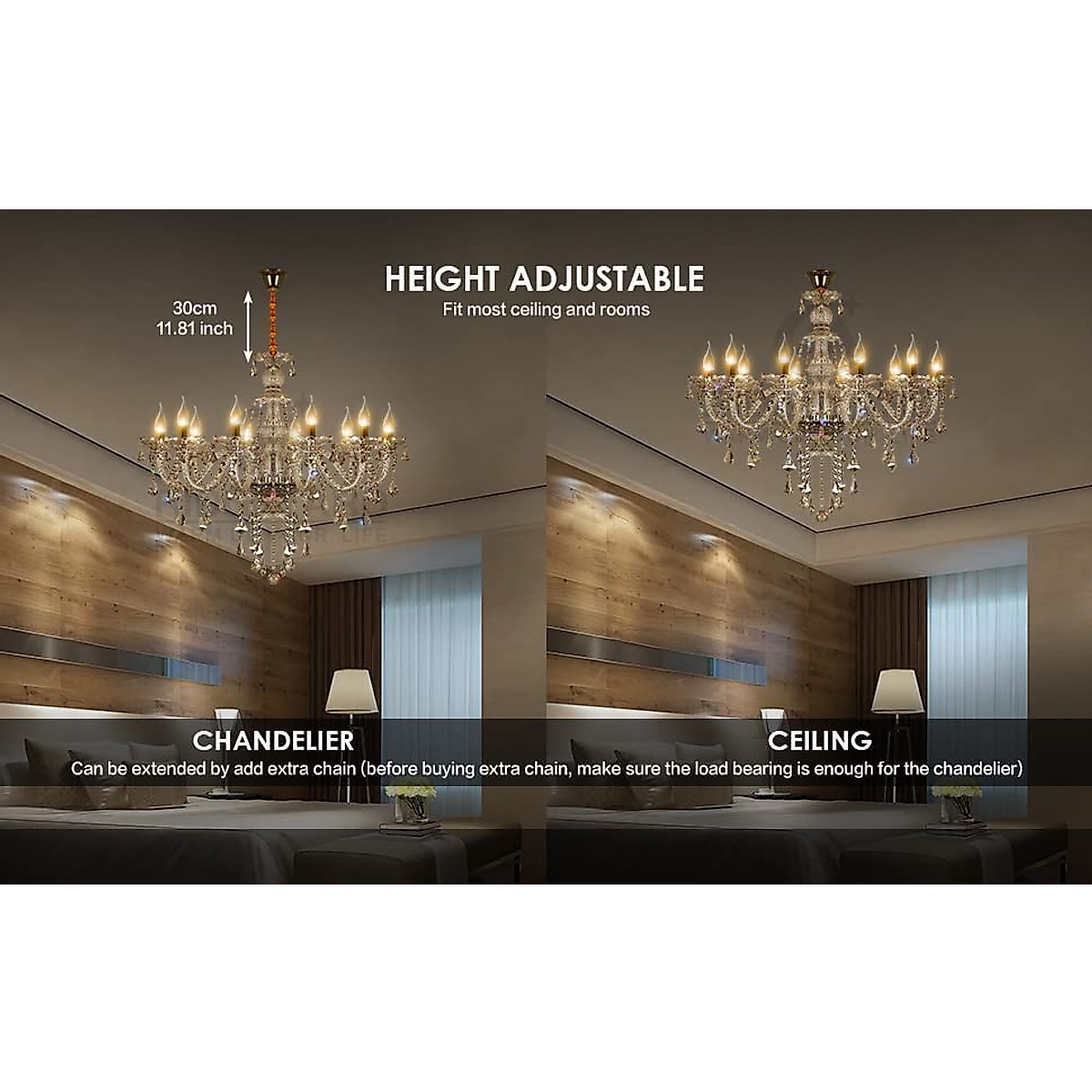 Ridgeyard 10-Light Crystal Chandelier Cognac/Champagne Modern Chandelier K9 Crystal Candle Pendant Ceiling Lighting Fixture, Chandeliers for Dining Room Home Decor