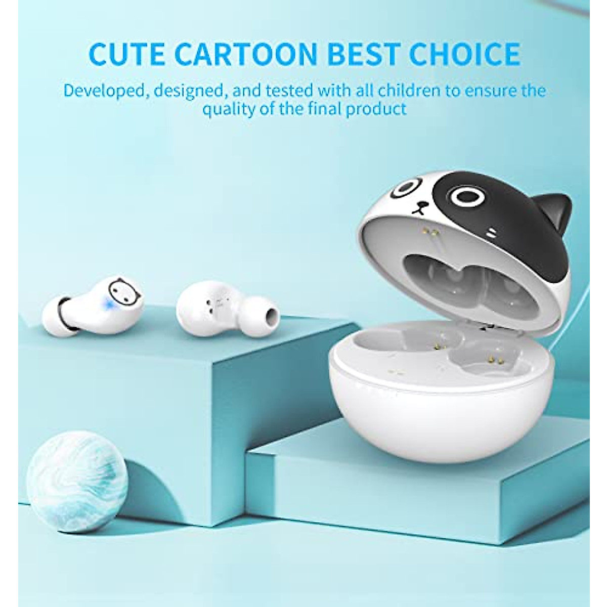 Togetface Kids Wireless Earbuds for Small Ears - Panda Bluetooth Headphones - with Mic and Noise Cancelling, is The Best Christmas, Halloween and Birthday Gift for Kids, Friends, Family and Adults.