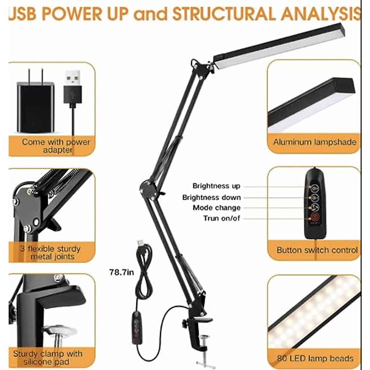 Knightsbrid LED Desk Lamp with Clamp,Adjustable Swing Arm Desk Lamp,Modern Architect Table Lamp for Study/Reading/Office/Work(Black)