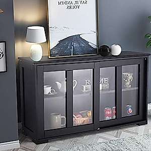 WATERJOY Kitchen Storage Sideboard, Stackable Buffet Storage Cabinet with Sliding Door Panels for Home Kitchen, Antique Black