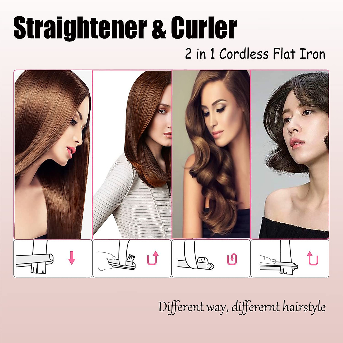 2 in 1 Professional Hair Straightener and Curler USB Rechargeable Shutdown and Boot Protection Function Flat Iron for Hair Ceramic Heating Material for Styling (Matte Black)