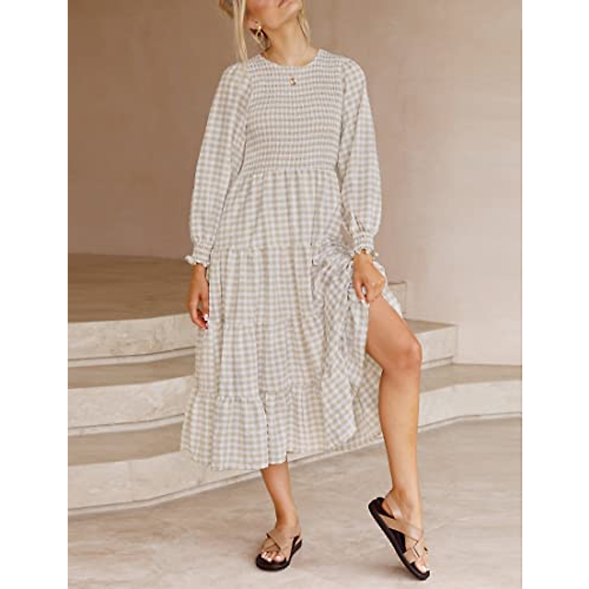 ZESICA Women's Casual Plaid Crew Neck Long Puff Sleeve Elastic Waist Smocked Flowy Tiered Midi Dress,Beige,Medium