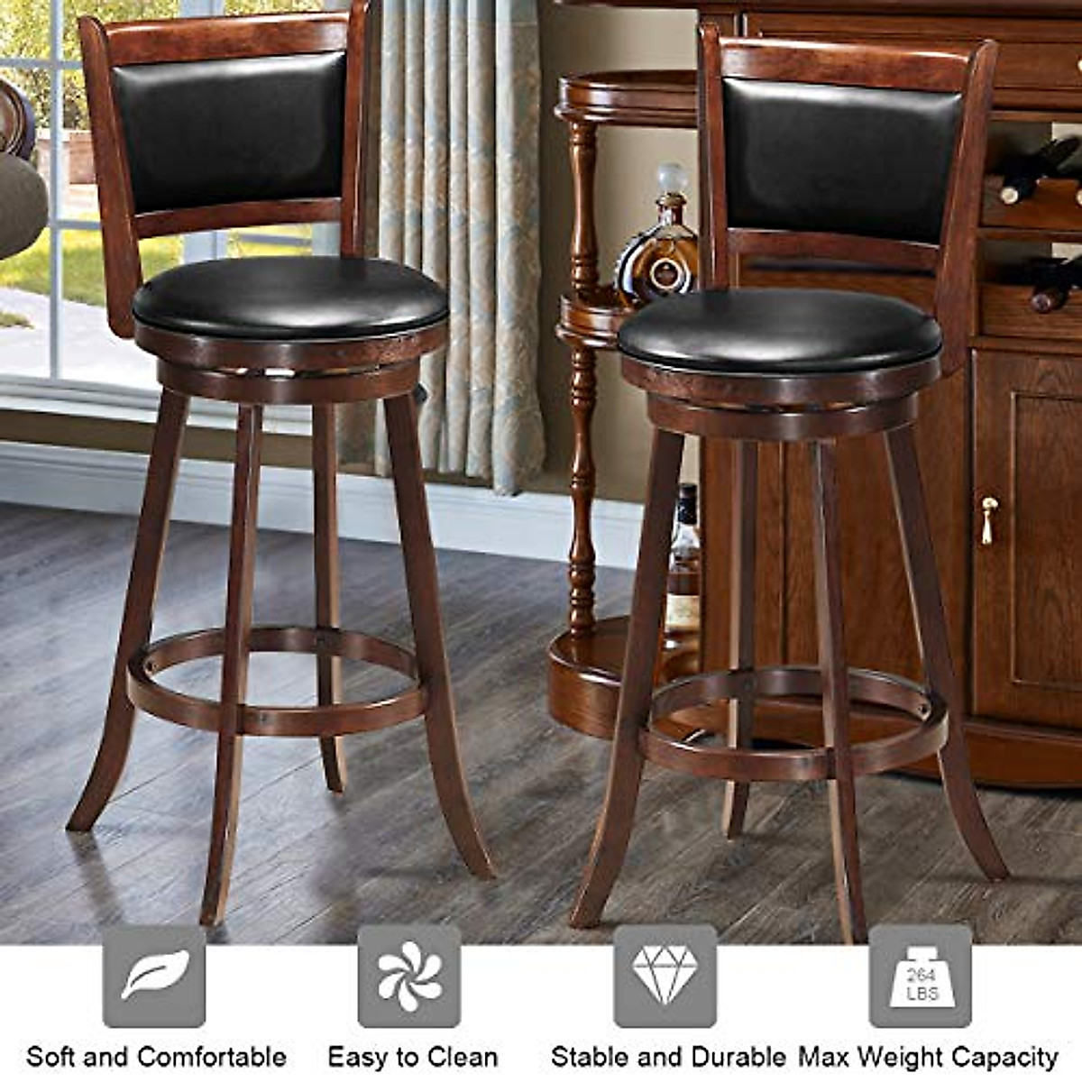 COSTWAY Bar Stools Set of 2, 360 Degree Swivel, Accent Wooden Swivel Seat Bar Height Stool, Leather Upholstered Design, PVC Cushioned Seat, Perfect for Dining and Living Room (Height 29")