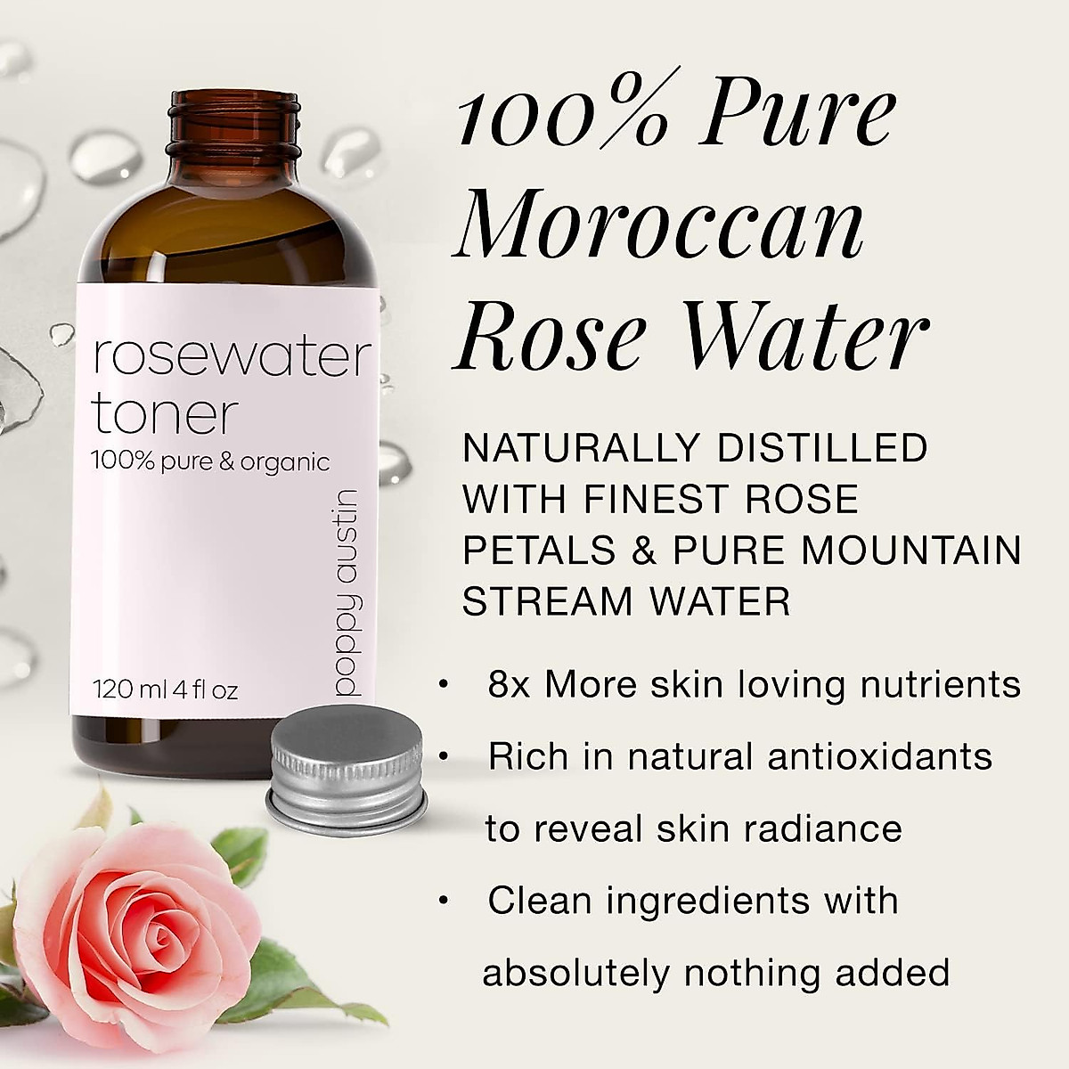 Poppy Austin 120mL Rose Water Toner for Face - Pure Face Toner, Cruelty-Free Rosewater Facial Toner - Triple Purified Rose Water for Face, Alcohol Free Rosewater Toner - Moroccan Rose Toner for Face