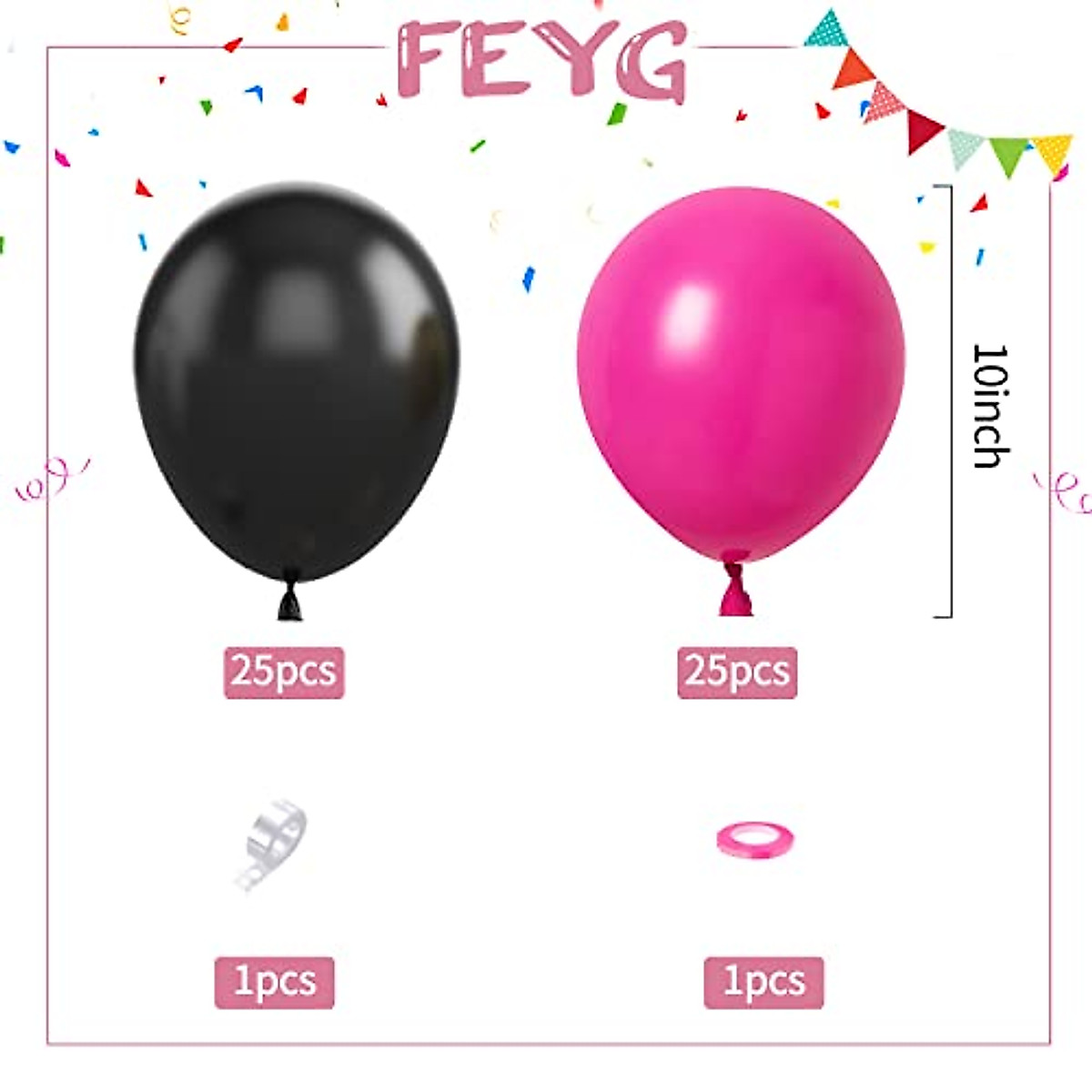 Balloons Black and Hot Pink, 50PCS Hot Pink Black Balloon Arch Kit, Hot Pink Latex Balloons For Birthday Decoration Wedding Baby Shower Engagement DIY Hula Hoop Balloons Arch Decoration Party Supplies