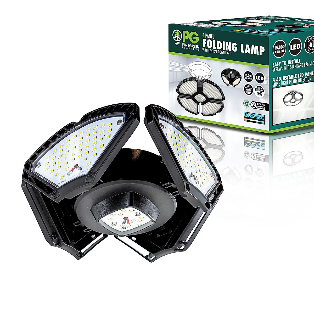 PINEGREEN LIGHTING LED Garage Light, Features Down Light Design 15000LM Ultra Bright Energy Efficient 100W (900W Equivalent) Premium Metal Housing Deformable 4 Adjustable Panels 15000 Lumen E26 Base