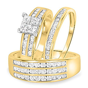 jsjewels 1 2/3 Carat T.W. Diamond Engagement Ring Wedding Trio Set in Solid 14K Yellow Gold Fn
