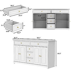 Homsee Modern Sideboard Kitchen Buffet Cabinet with 4 Doors, 5 Drawers & 4 Storage Compartments, Wood Console Table TV Stand for Living Room, White (59.1”W x 15.7”D x 33.5”H)