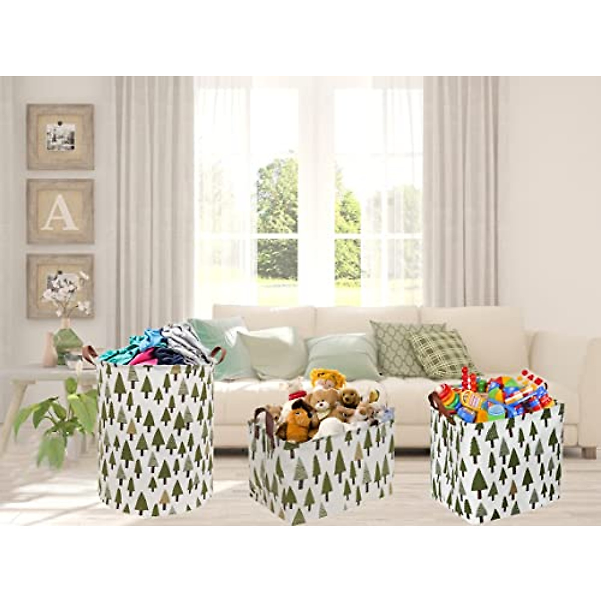 Sanjiaofen Square Woodland Storage bin, Nursery Basket,Collapsible Green Storage Box with Handles for Nursery Storage. (Square Tree)