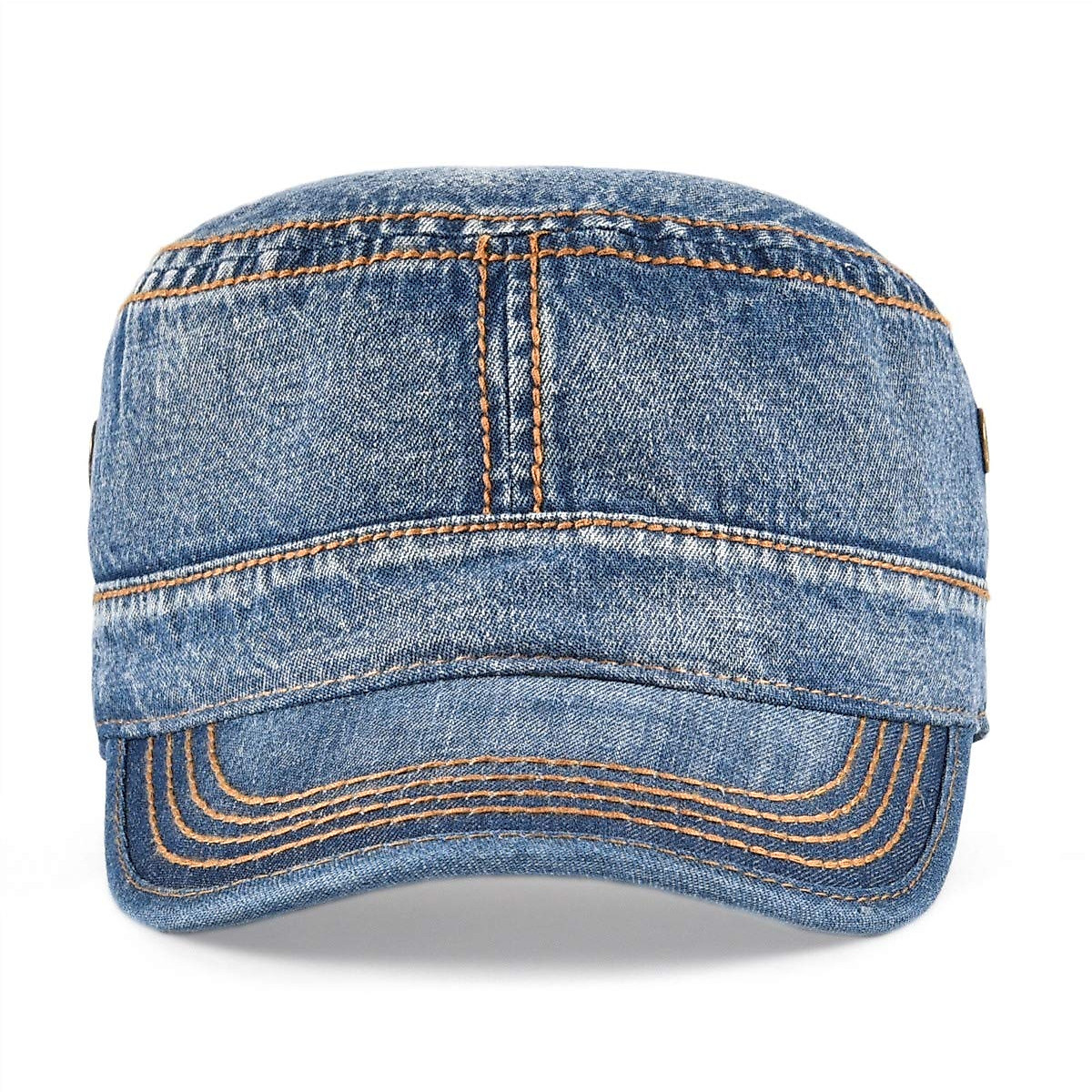 VOBOOM Washed Cotton Military Caps Cadet Army Caps Unique Design Vintage Flat Top Cap (Denim Blue)