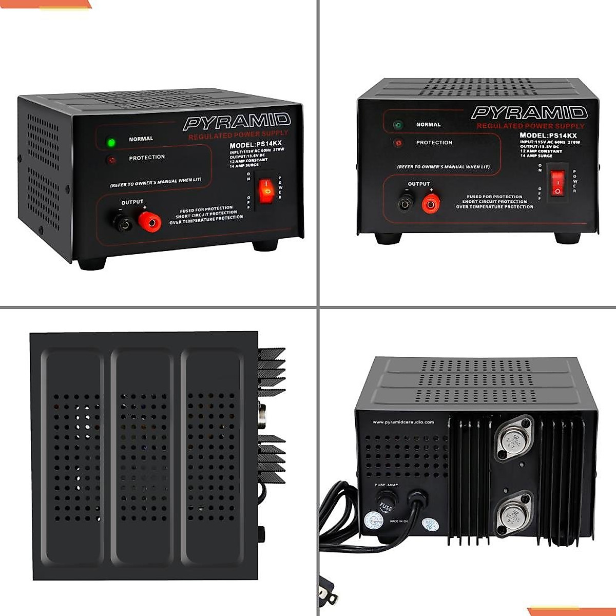 Pyramid Universal Compact Bench Power Supply - 12 Amp Linear Regulated Home Lab Benchtop AC-to-DC 12V Converter w/ 13.8 Volt DC 115V AC 270 Watt Power Input, Screw Type Terminals, Cooling Fan PS14KX