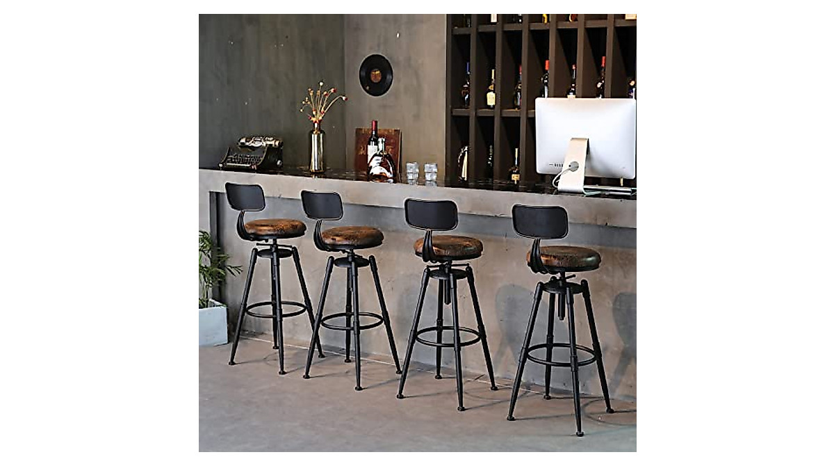 MSMV Vintage Industrial Bar Stool Set - Adjustable Swivel Kitchen Chairs