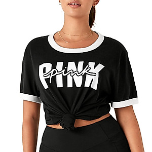 Victoria's Secret Women's PINK Logo Short Sleeve T-Shirt, Women T Shirt, Black Script, (XL)
