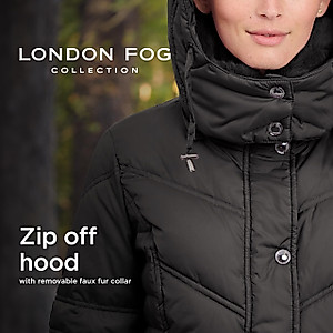LONDON FOG Women's Chevron Coat with Faux Fur Trimmed Hood, Black, Large