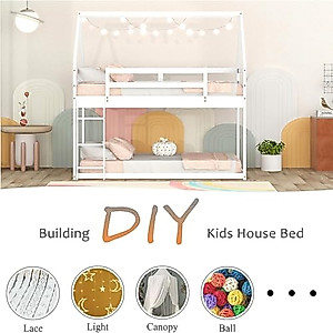 Bellemave Twin Over Twin House Bunk Bed for Kids,Floor Bunk Beds with Ladder and Guardrails,Solid Wood Twin Size Low Bunk Bed for Girls Boys,White