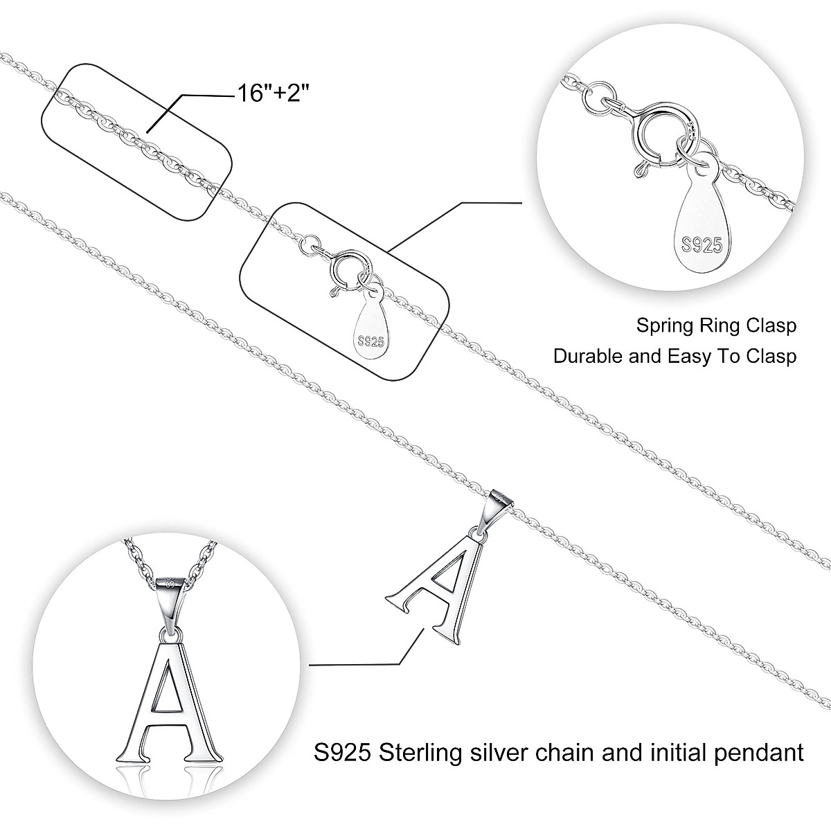 Turandoss S925 Sterling Silver Initial Necklaces for Women, Dainty Hypallergenic Initial Neckalce Hypallergenic S925 Sterling Silver Necklaces for Women(J)