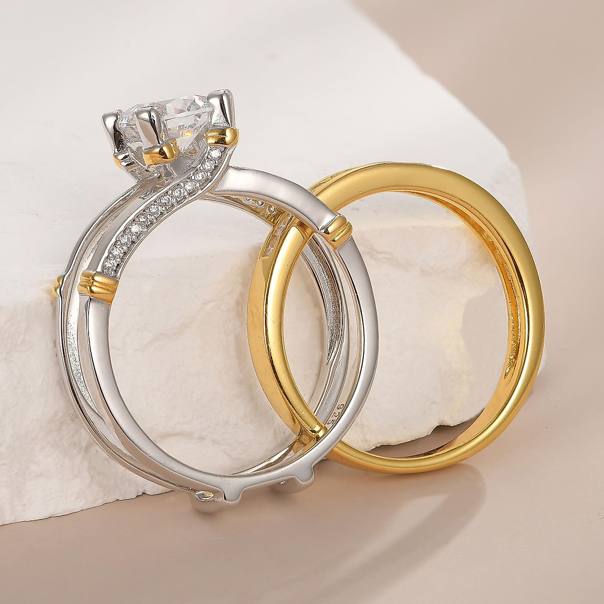 Newshe 1.9CT Sterling Silver Wedding Ring Set for Women Engagement Rings Promise Bridal Anniversary Wedding Band Round Cut 5A CZ Yellow Gold Size 9