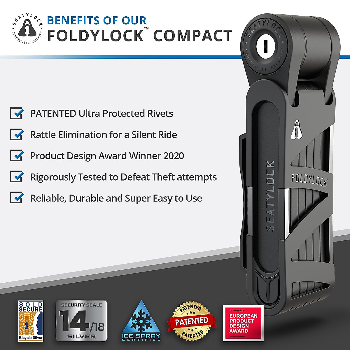 FoldyLock Compact Folding Bike Lock - Award Winning Patented Lightweight High Security Bicycle Lock - Heavy Duty Anti Theft Smart Secure Guard with Key and Case for Bikes or Scooter - 85 cm