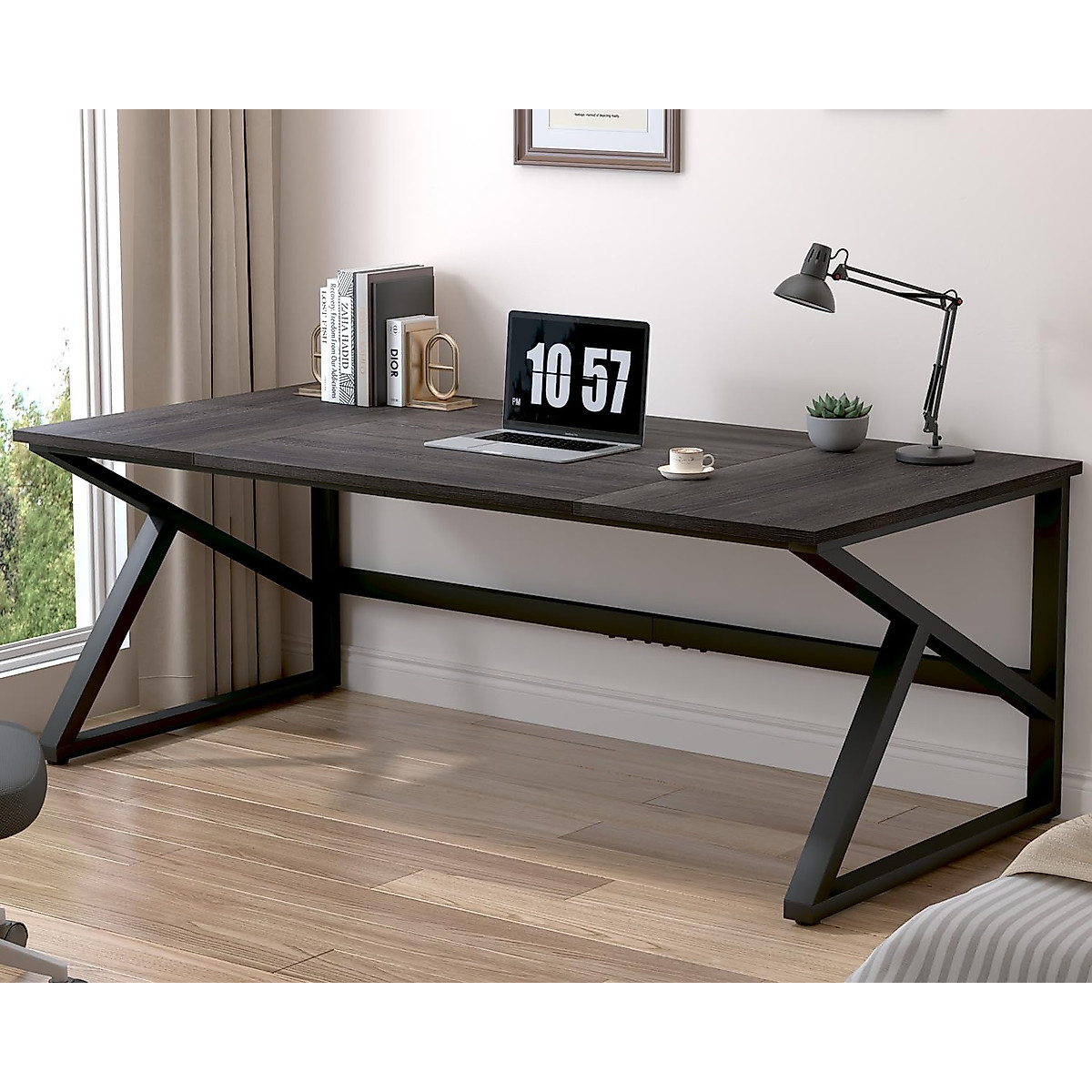 IBF Long Desks for Home Office, Large Metal Wooden Computer Desk for 2 Monitors, 70 Inch Two Person Desk for Executive Work Writing Study Gaming, Industrial Modern Big Double Desk, Dark Gray Oak