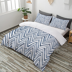 TOPTREE Geometric Blue Duvet Cover Queen - Modern Indigo Blue Chevron Bedding Set 3 Piece Blue and White Bed Set for Women Adults (Queen, Blue Chevron)