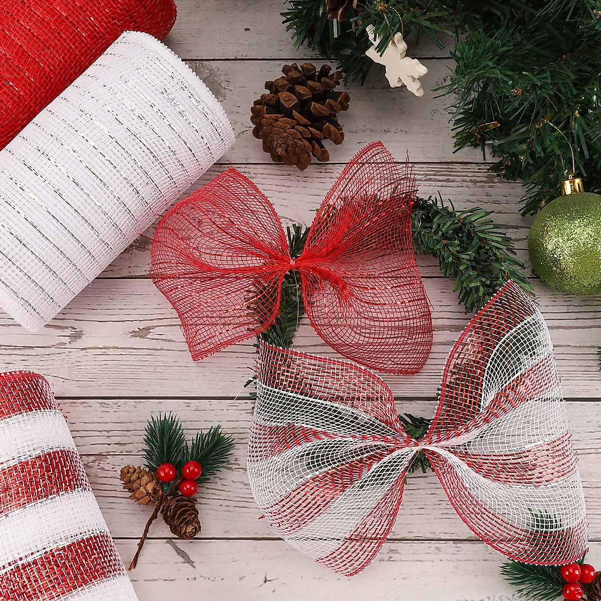LaRibbons Deco Mesh Ribbon，10 inch x 30 feet Each Roll，Metallic Foil Red and White Rolls for Wreaths, Swags and Christmas Tree Decoration，4 Roll