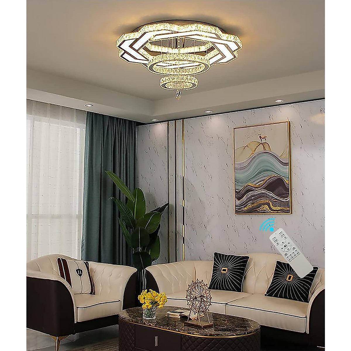 W24 Modern Crystal Chandeliers 3 Rings Pendant Light Fixtures Elegant Pendant Chandelier Flush Mount for Bedroom Living Room Dining Room Hallway Large Ceiling LED Dimmable 2700K-4500K-6000K