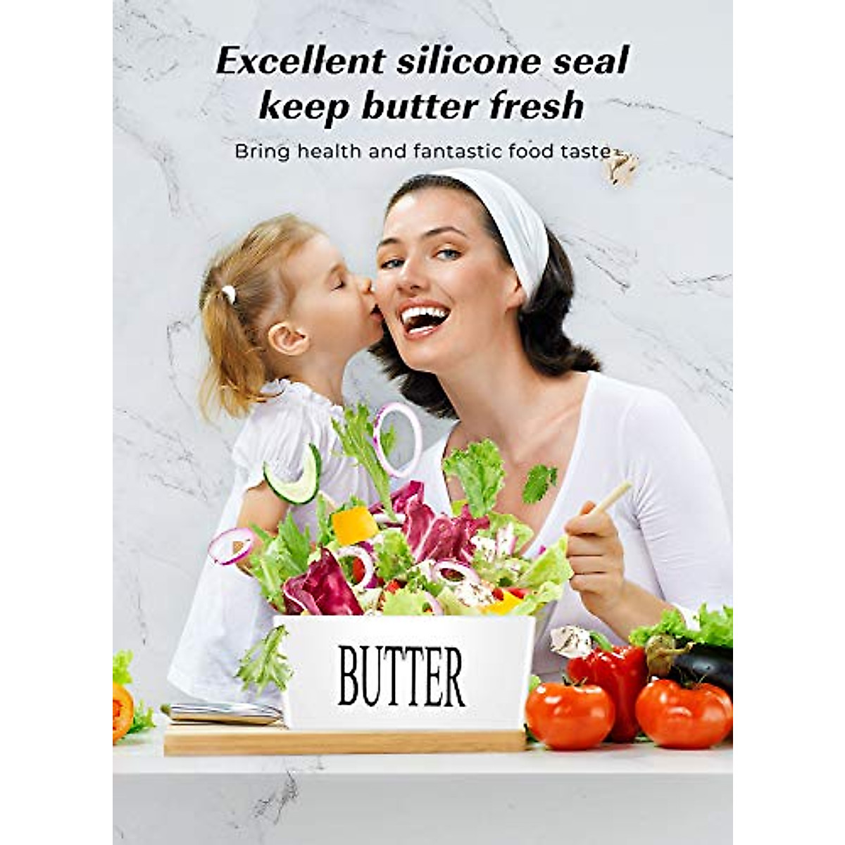 Large Butter Dish,Ceramic Butter Dish with lid and knife, Butter Keeper Double Silicone Seals, Easy Clean, Butter Dishes with Covers Perfect for 2 Sticks of Butter West or East Coast Butter, White