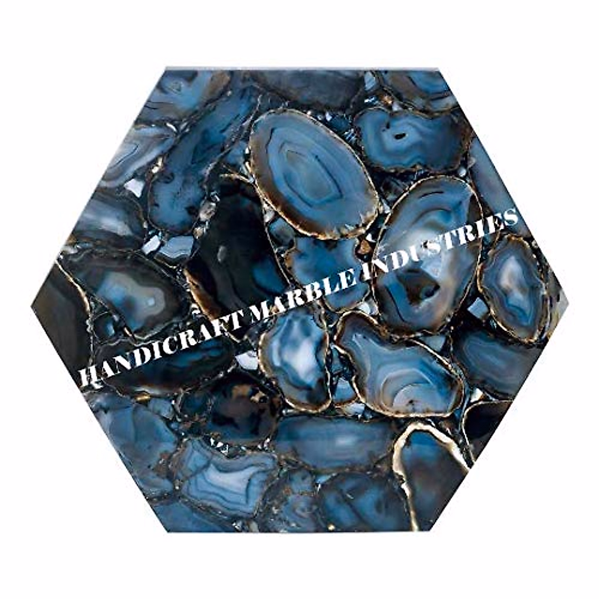 Blue Agate Stone Hexagonal Side Table Top, Blue Agate Stone Hexagonal Coffee Table Top, Centre Table Top, Hallway Table Top, Blue Agate Table Top - Furniture Agate - Gemstone, Piece Of Conversation