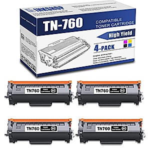 TN760 Compatible TN-760 Black High Yield Toner Cartridge Replacement for Brother TN-760 DCP-L2550DW MFC-L2710DW HL-L2350DW HL-L2370DW HL-L2390DW Toner.(4 Pack)
