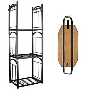 TQVAI 3 Tier Indoor Firewood Rack Outdoor Log Storage with Fire Tools Hanging Hooks and Waxed Canvas Fire Wood Carrier Bag Stacking Fireside Lumber Holder, Black