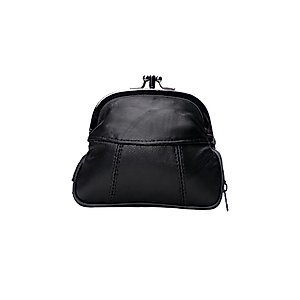 Leather Impressions Double Coin Purse for Women - Handcrafted Genuine Leather Coin Purse with Twist Clasp, 1 zipper pocket, 1 pack lightweight - Timeless clean stitched Small Coin Purse (Black)