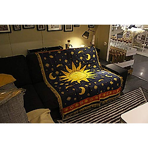 MayNest Sun And Moon Stars Hippie Throw Blanket Celestial Tapestry Double-sided Reversible Woven Cotton Home Decor Bedding Chair Couch Recliner Cover Loveseat Rug Oversized Tassels Blue Yellow (71x51)