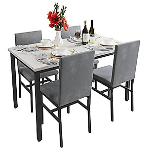 YOFE Dining Table Set for 4, Kitchen Table with 4 Chairs,Faux Marble Tabletop & 4 Leather Upholstered Chairs for Dining Room,Kitchen, Dinette, Breakfast Nook (Gray+White)