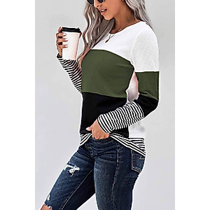 NEYOUQE womens long sleeve tops fall tees shirts for women clothes color block for skirt winter blouses 2025 striped crew neck blouse shirt spring summer tunic top woman casual trendy t-shirts Green M
