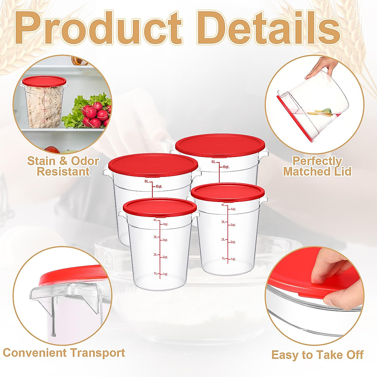 Suclain 4 Set 6 Quart 4 Qt Round Food Storage Containers with Lids Clear Proofing Container for Dough Bread with Scale Handle Home Restaurant Commercial Food Storage(Red)