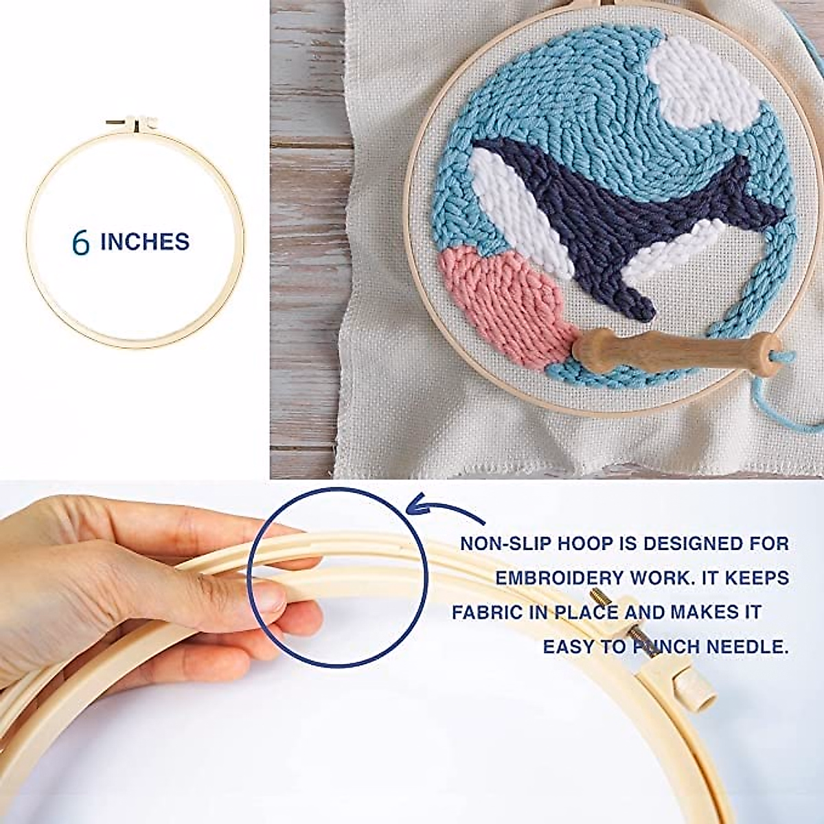 Easy Smaller Size DIY Craft Punch Needle Embroidery Kits Rug for Starter Kits with Stamped Color Pattern with Instruction,Yarn and Wood Needle Pen,15cm Hoop (White Kitten)