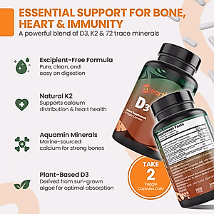 EarthNutri Vitamin D3 K2 Supplement 5000 IU – Includes K2 from MENA Q7, D3 from Vitashine, Calcium from Aquamin & 72 Trace Minerals – for Immune, Bone & Heart Health – Non-GMO – 60 Veg Capsules