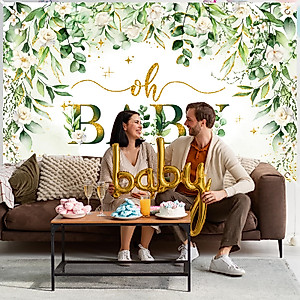 Avezano Greenery Boy Baby Shower Decorations Banner Floral Green Sage Oh Baby Backdrop Gold Glitter Greenery Leaves Gender Neutral Baby Shower Decorations 70.8 x 43.3 Inch