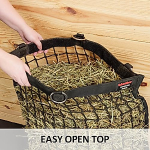 Schneiders Easy-Open Knotless 1.25" Slow Feed Hay Net | No More Wasted Time Filling Hay Bags | Easy Open Top | Slow Feed Holes | Large Capacity | Close Assist | 3 to 4 Flakes | Color White
