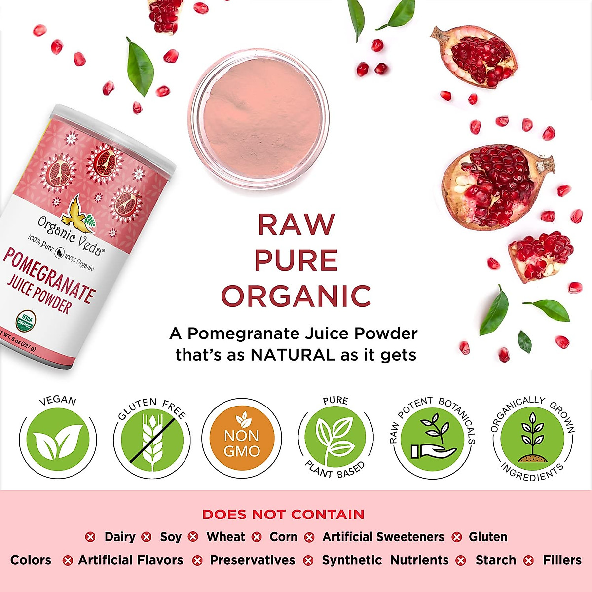 Organic Veda Pomegranate Juice Powder - Powdered Pomegranate Extract Rich in Vitamin C, Folate & Potassium - Pomegranate Concentrate For Salad, Yogurt, Ice Cream - Vegan, Non-GMO, Zero Gluten- 8oz