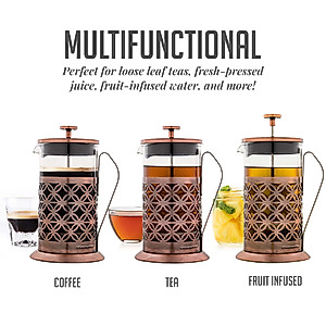 OVENTE French Press Coffee Maker 34 Ounce, 4 Filter Stainless Steel Filter Plunger System & Durable Borosilicate Heat Resistant Glass with Free Scoop, Perfect for Hot & Cold Brew, Copper FSF34C