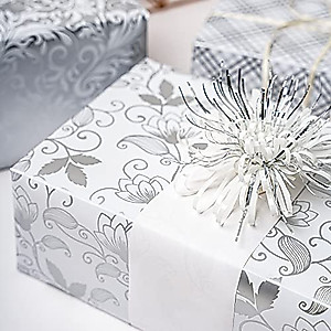 LeZakaa Silver Wrapping Paper Roll - Mini Roll - Floral/Bellflower/Plaid for Wedding, Bridal Shower, Birthday - 17 x 120 inches - 3 Rolls (42.5 sq.ft.ttl.)