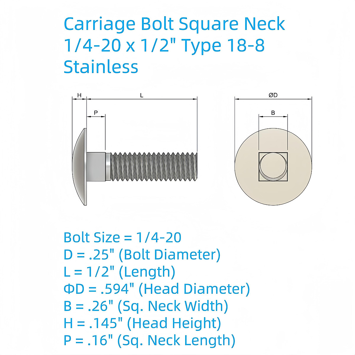 1/4"-20 X 1/2"(100pc) Stainless Carriage Bolt, 18-8 Stainless Steel Full Thread Coverage,Carriage Bolt,by SANTIE
