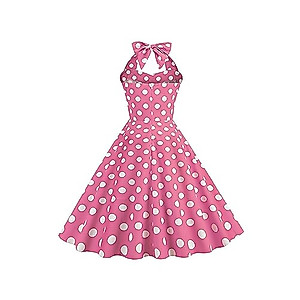 Lchiji Women Pink Gingham Swing Dress Vintage 1950s Cocktail Party Midi Dress Halter Neck Plaid A-Line Dress (Halter 2-Pink, M)