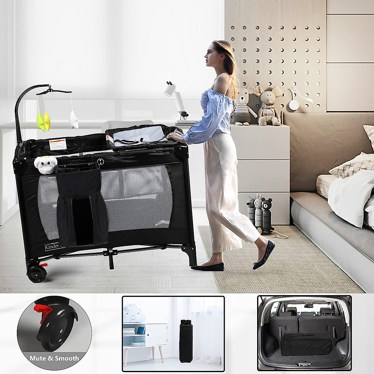 Kinder King 3 in 1 Portable Nursery Center, Foldable Playard for Baby & Toddler, Infant Pack n Play w/Bassinet, Removable Mattress, Newborn Changing Table, Travel Bag, Music Box, Storage Basket, Black