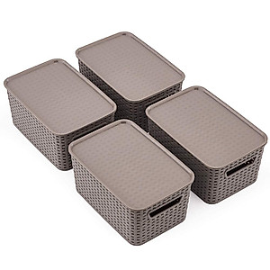 EZOWare Set of 8 Gray Plastic Woven Knit Baskets, Storage Organizer Bins Boxes Tray For Office, Classroom, Desktop, Drawer and More