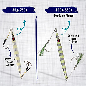 Calissa Offshore Tackle Speed Jig 80g 150g 200g 300LBS Assist Hooks 3/0 Butterfly - Vertical Jig Speed Lure Slow Pitch Flat (6 Pack, 400g)