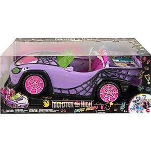 Monster High Toy Car, Ghoul Mobile with Pet & Cooler Accessories, Purple Doll-Sized Convertible with Spiderweb Details