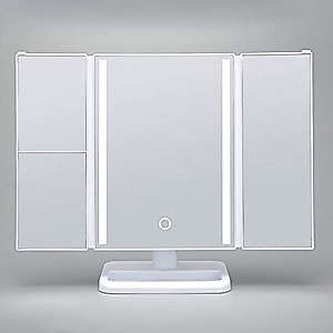 KXA Tri-Fold Vanity Mirror, 24 LED Lighted with Touch Screen 1X/2X/3X Magnification and USB Charging Adjustable Brightness and Stand for Makeup